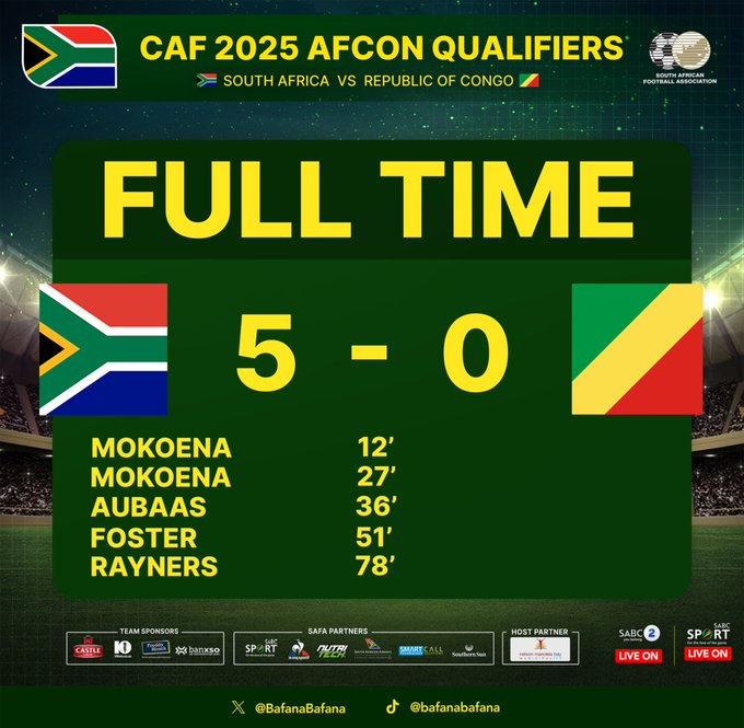 Afcon qualifiers: South Africa dominate in emphatic win over Congo ...